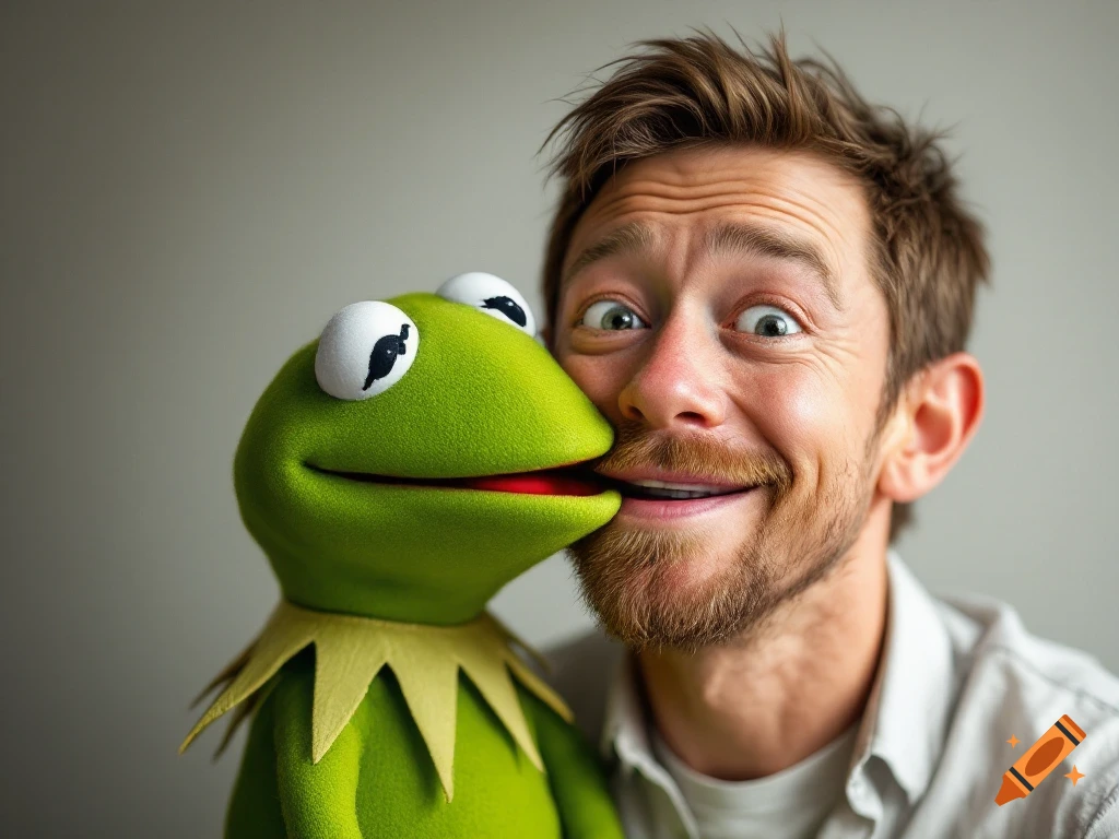 Close-up photo of a man with wide eyes next to Kermit the Frog, who is ...