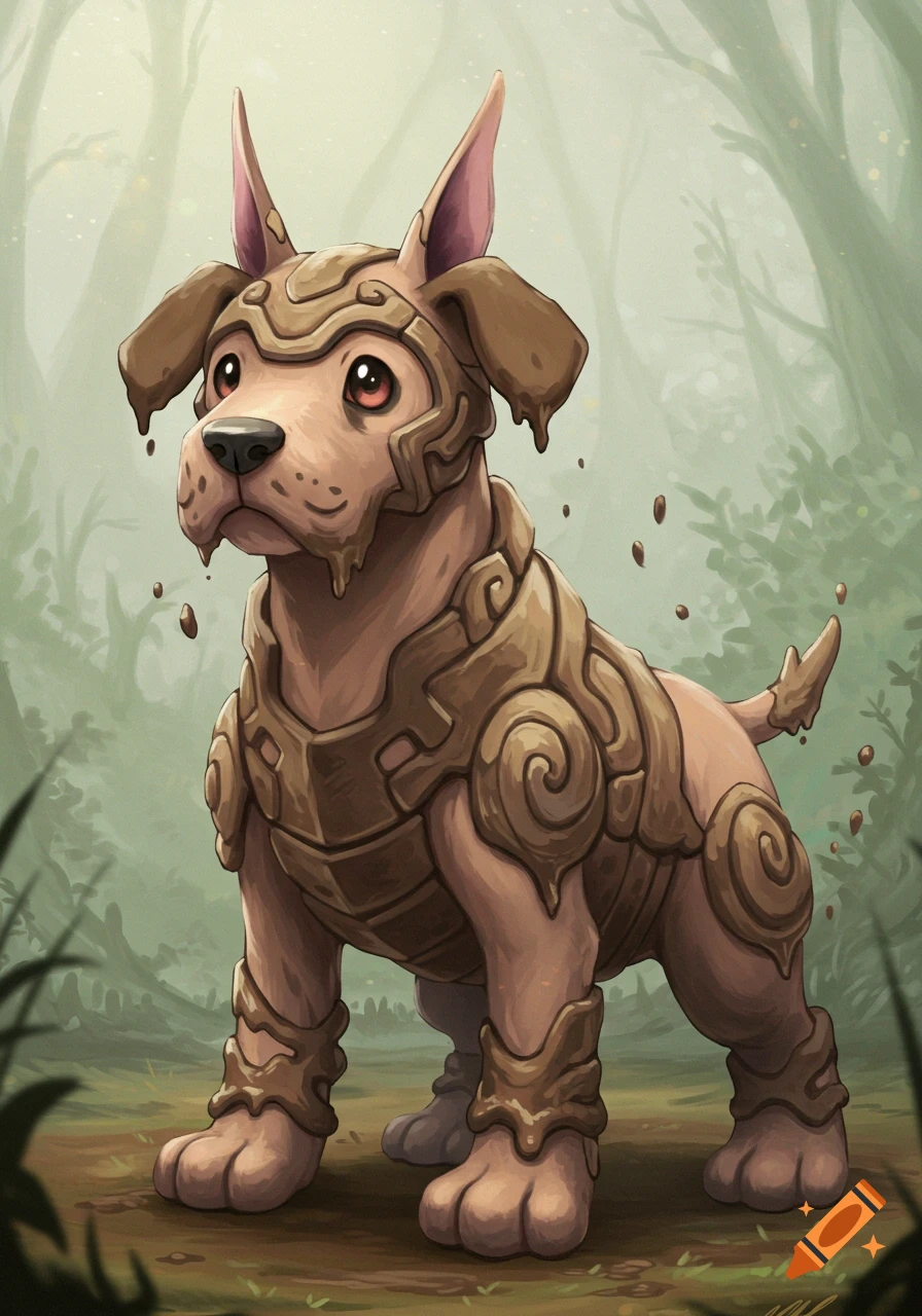 A puppy-like creature wearing mud armor stands in a forest. on Craiyon