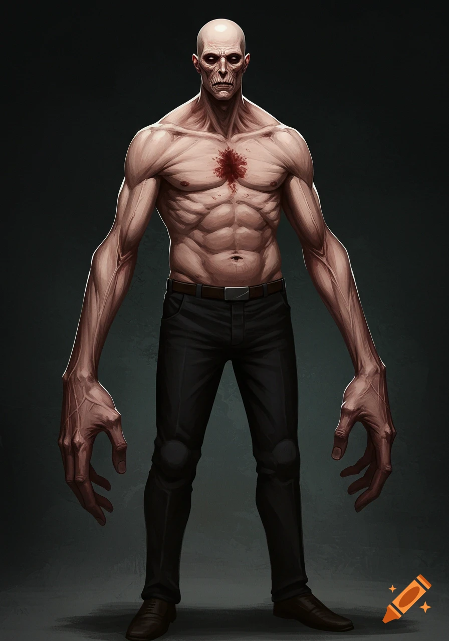 Illustration of a bald creature with large hands and a bloody chest ...