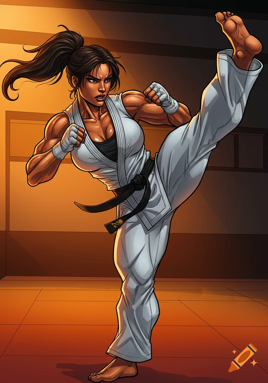 Muscular woman in white martial arts gi doing a high kick, comic art style. on Craiyon