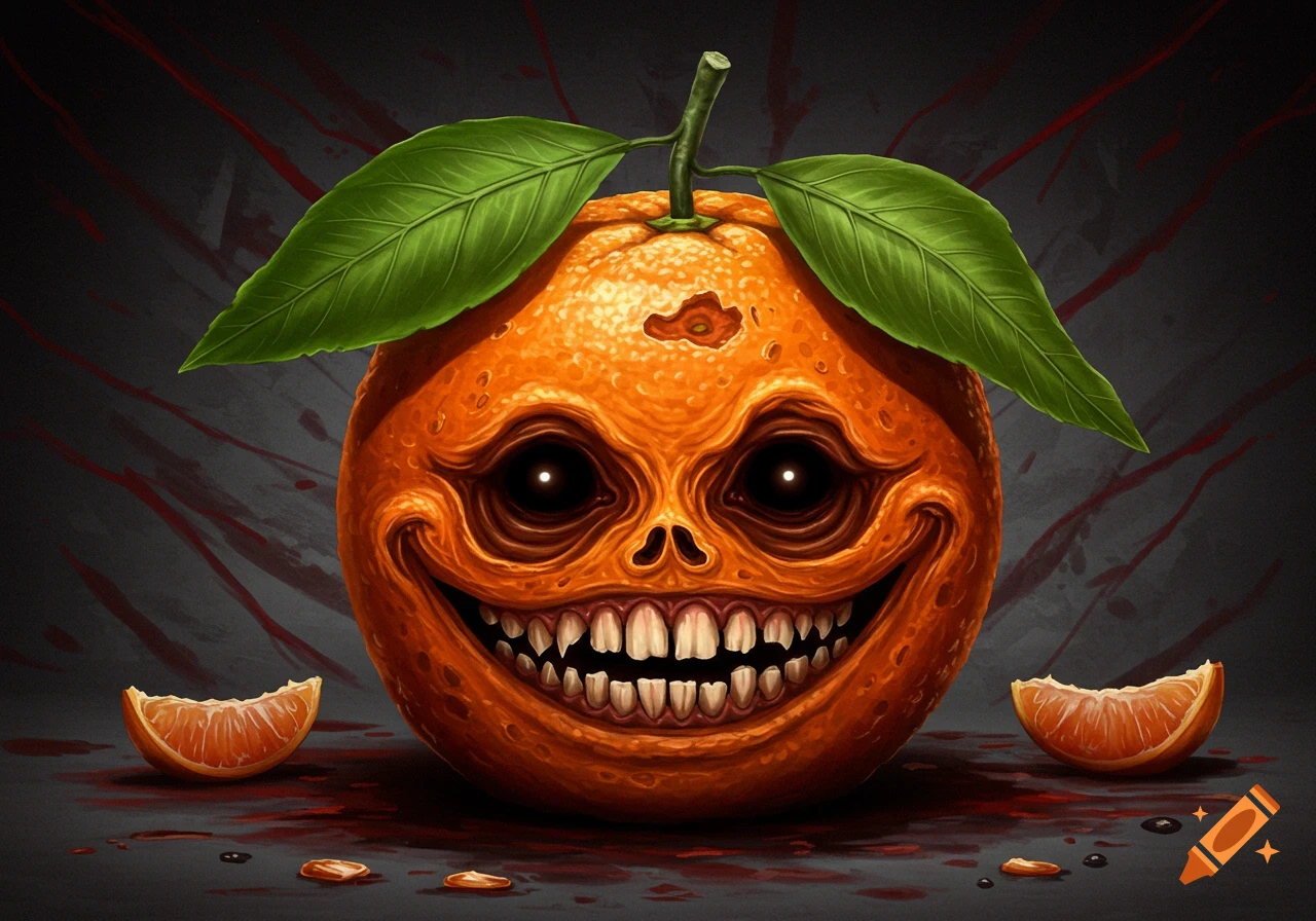 A disturbing orange with sharp teeth, glowing eyes, and blood spatters ...