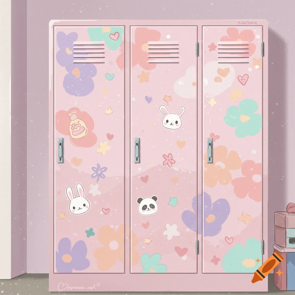 A pink locker decorated with flowers, hearts, bunny, and panda stickers ...