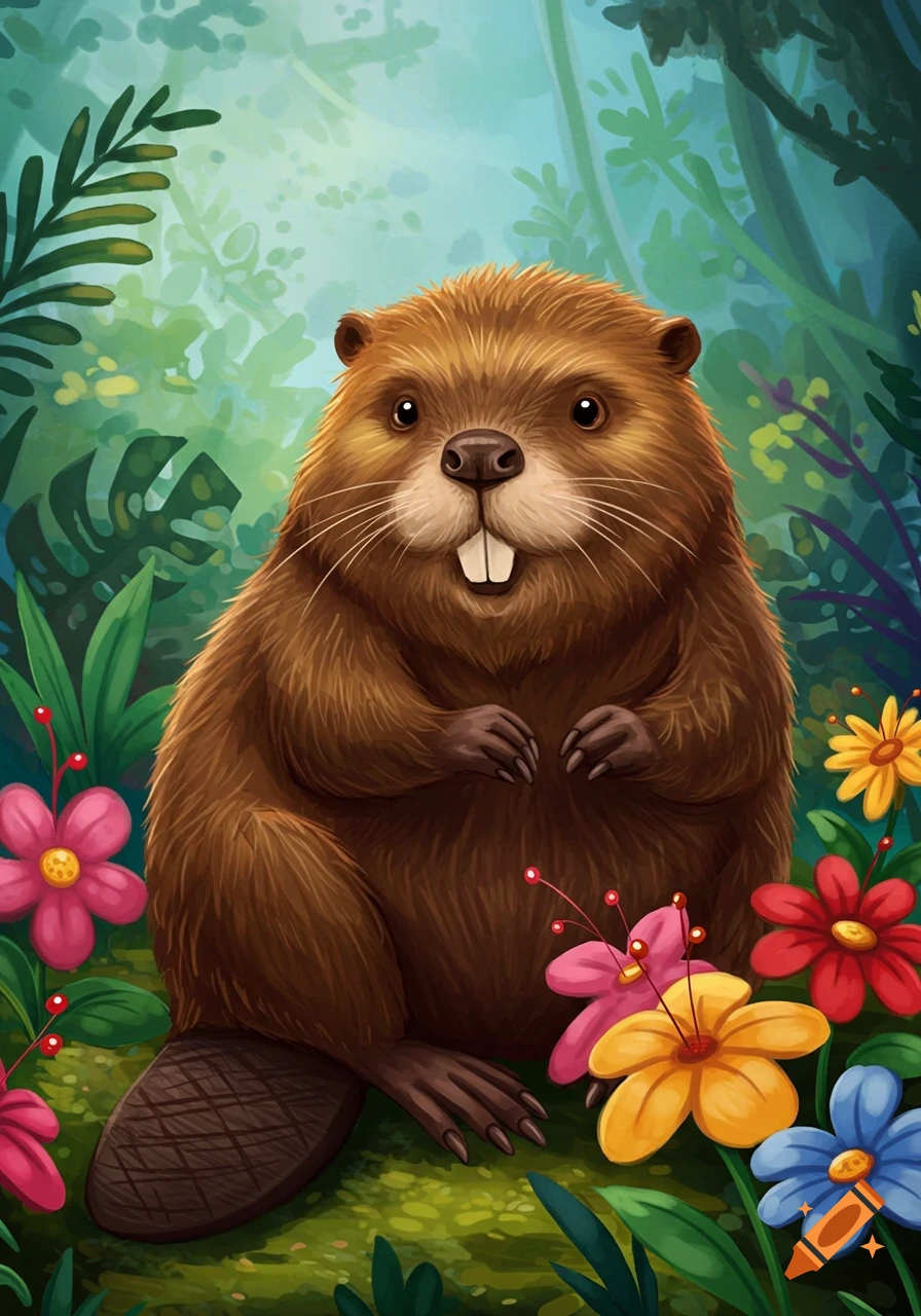 Cartoon illustration of a cute beaver sitting among colorful flowers ...