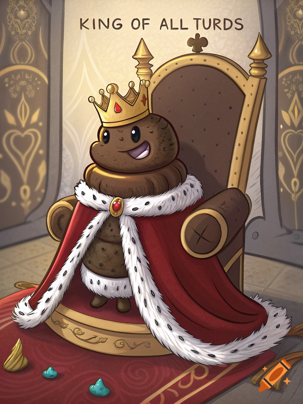 Cartoon poop character king sitting on a throne wearing a crown and ...