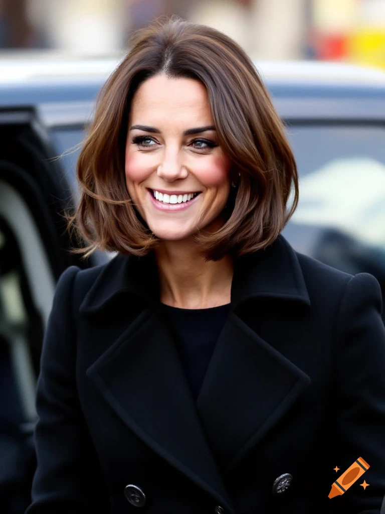 Close-up photo of a woman with a bob haircut smiling and wearing a black coat. on Craiyon