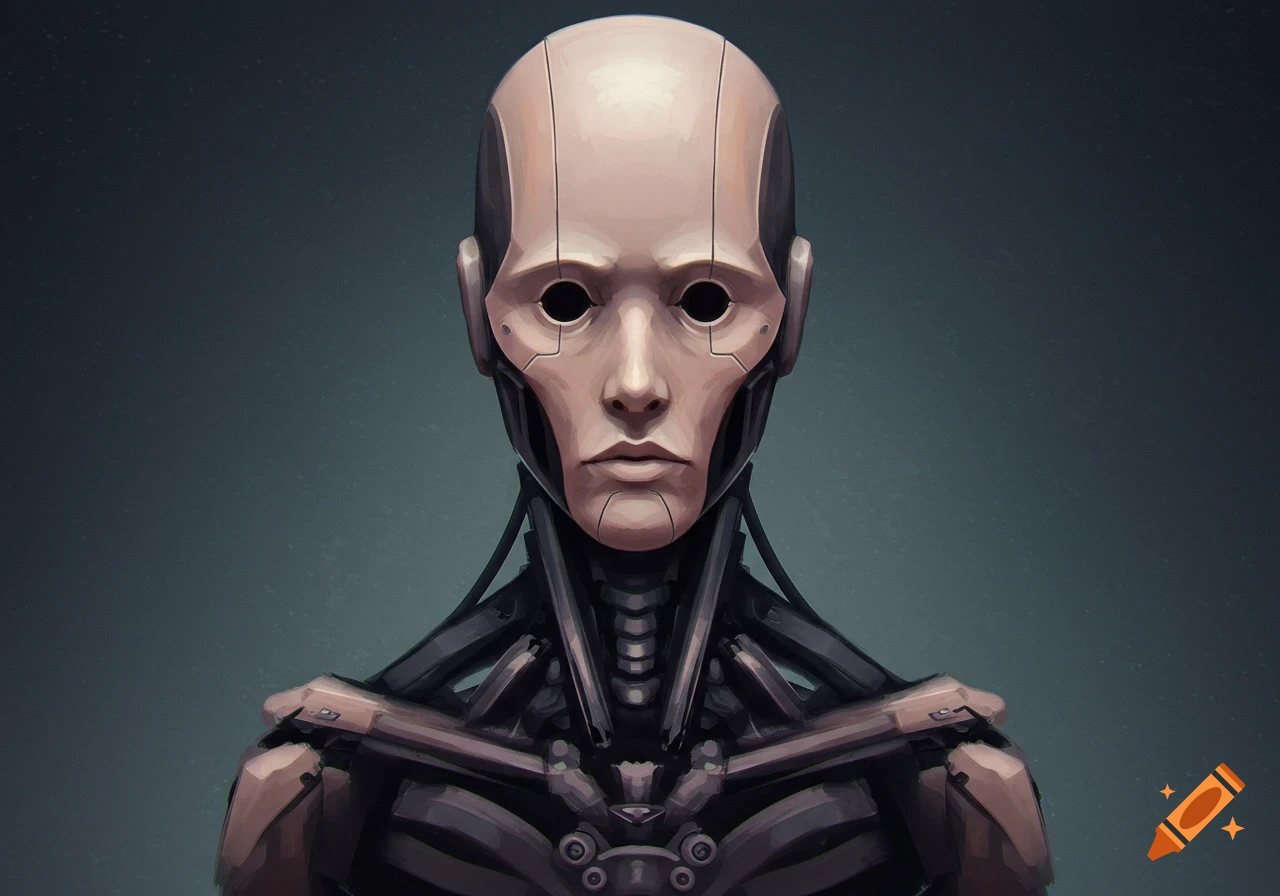 Close-up portrait of a humanoid robot with a smooth face and mechanical ...