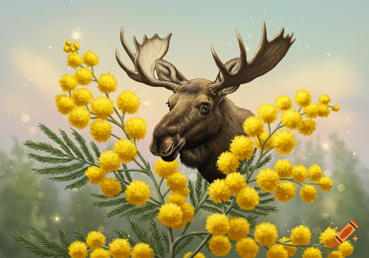 An illustration of a moose head surrounded by yellow mimosa flowers. on ...