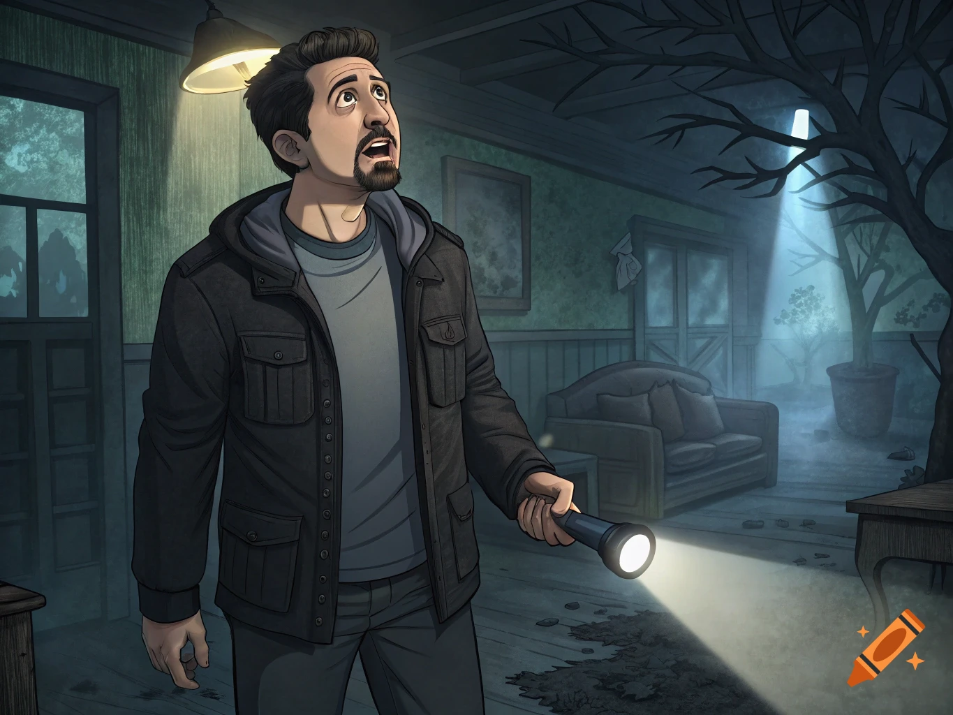 An illustration of a man with a flashlight looking confused in a spooky ...