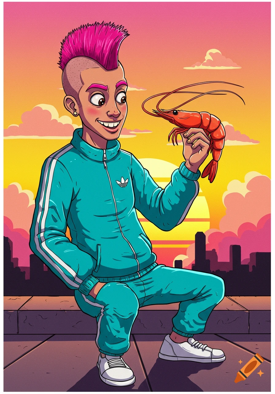Cartoon person with pink mohawk holding a large shrimp at sunset. on ...