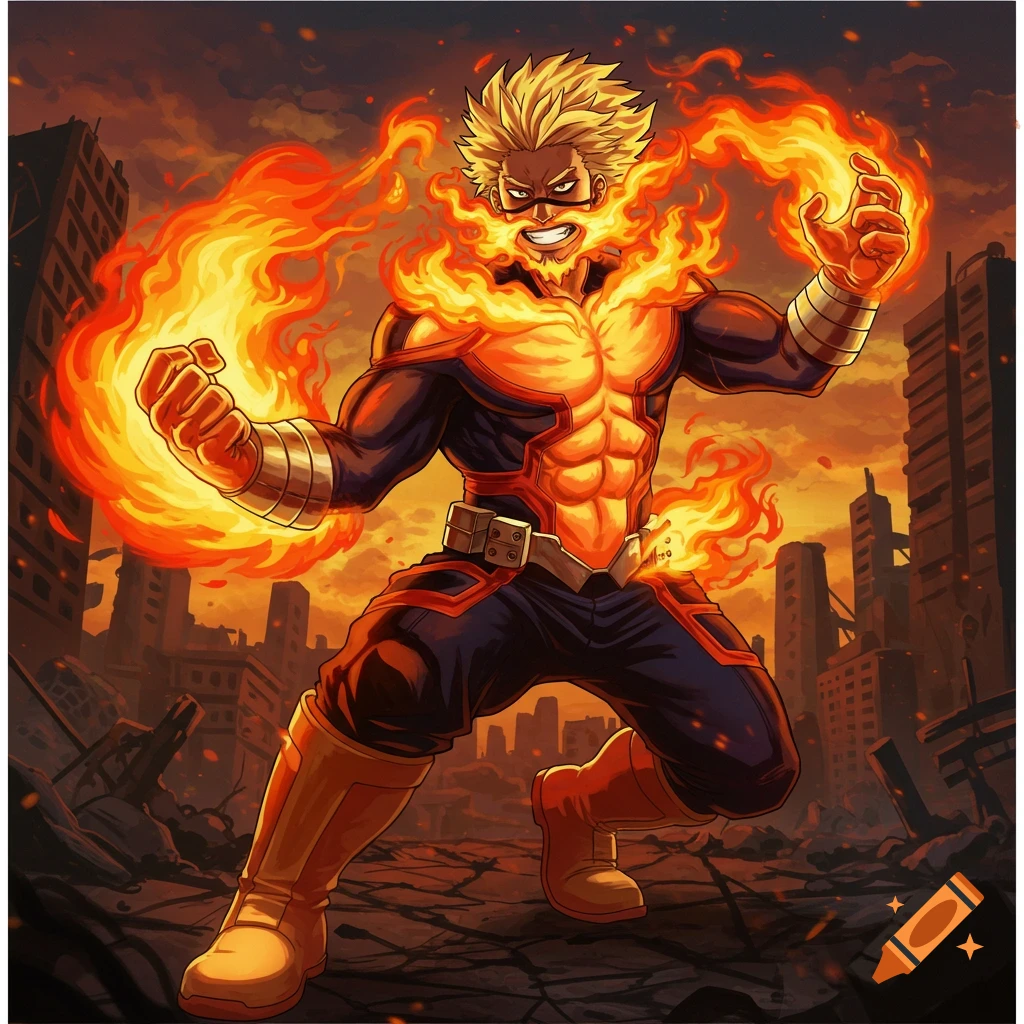 Anime style depiction of superhero Endeavour using fire powers in a ...