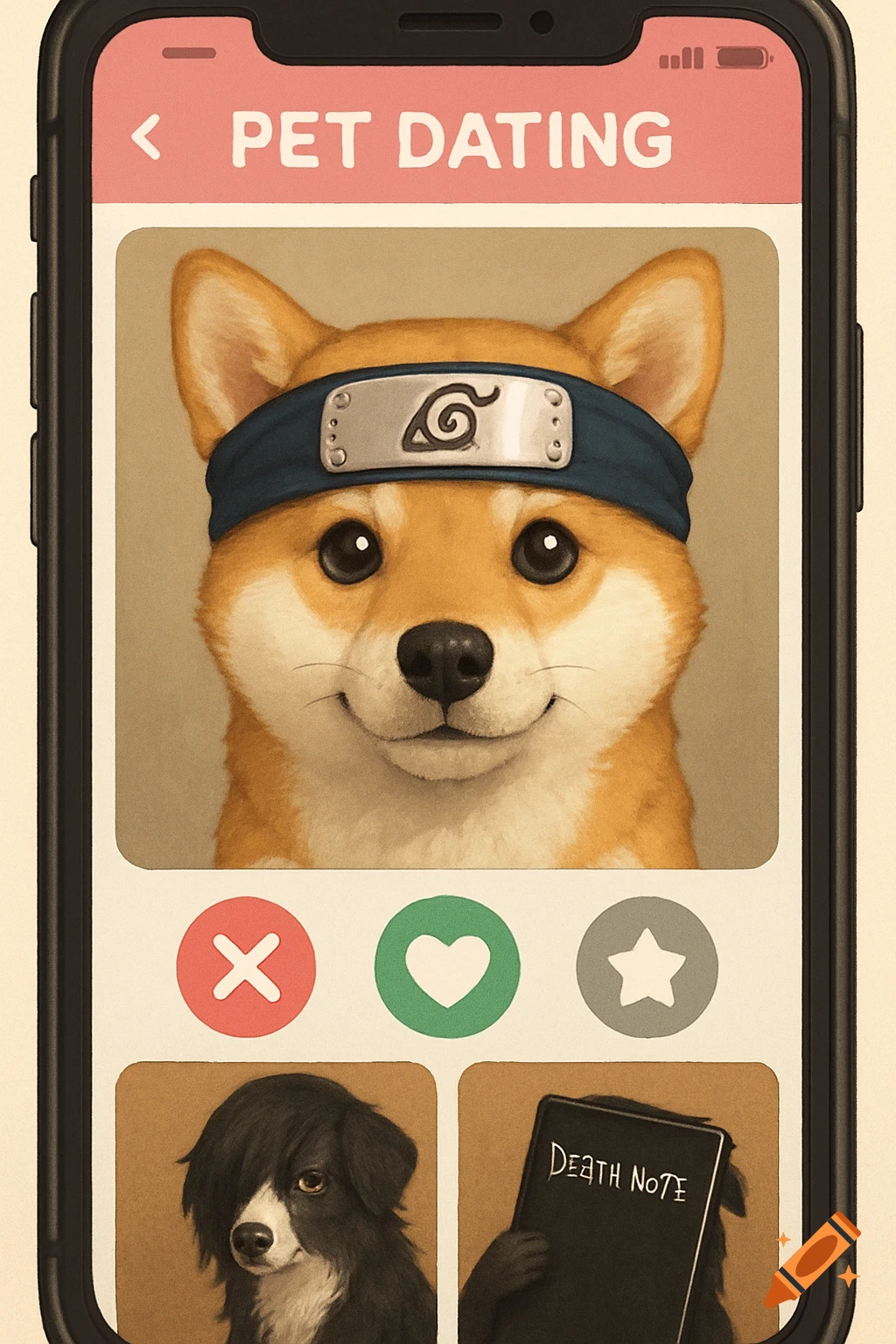 Mobile phone screen showing a pet dating app profile for a Shiba Inu ...