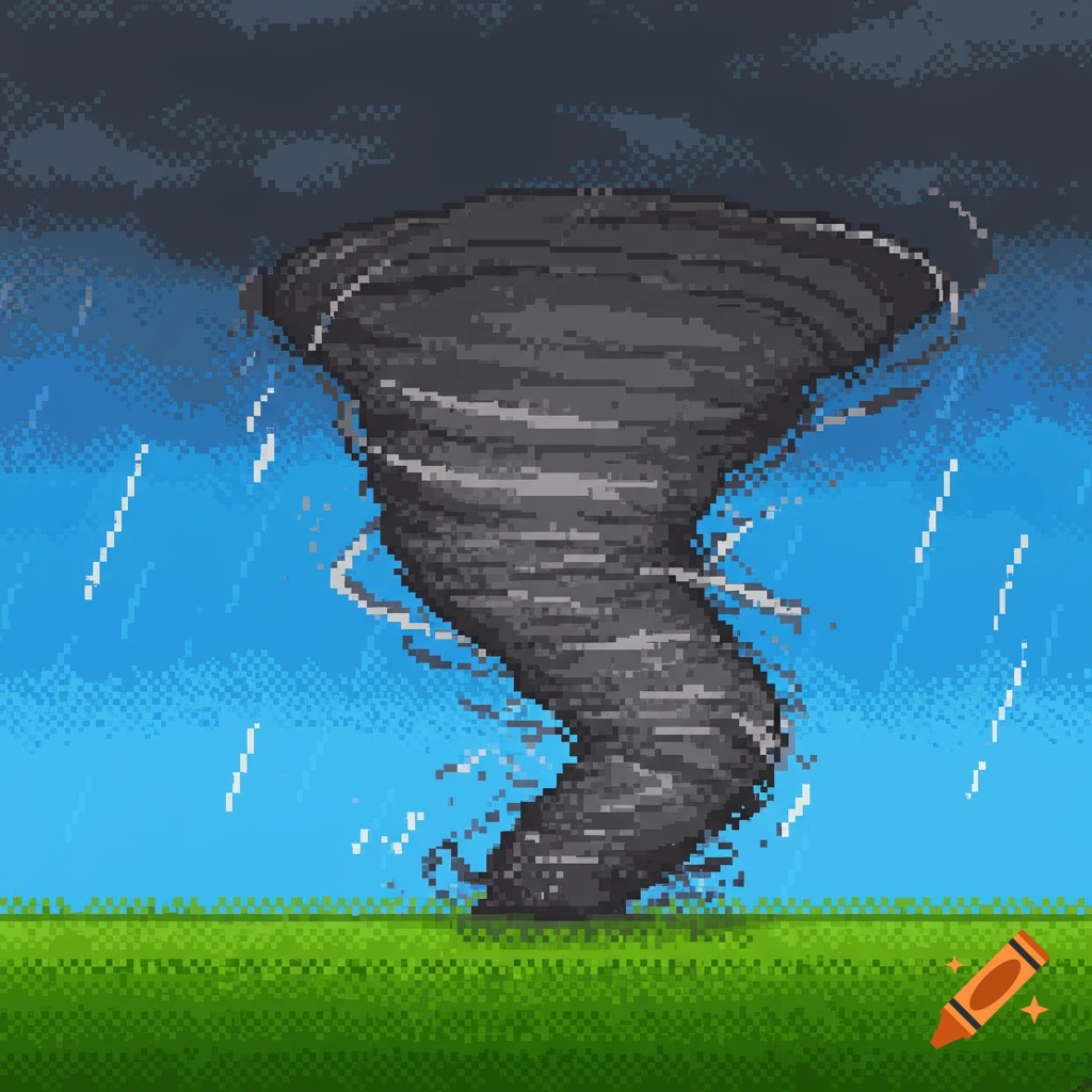 Pixel art of a dark tornado during a rain storm over a green field on ...