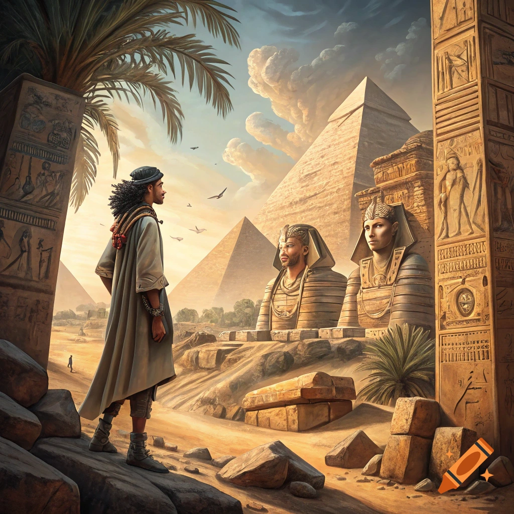 A person stands in an ancient Egyptian landscape with pyramids and ...