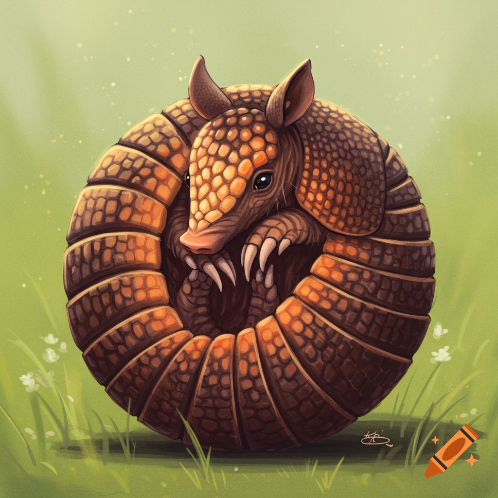 A curled-up armadillo sits in green grass. on Craiyon