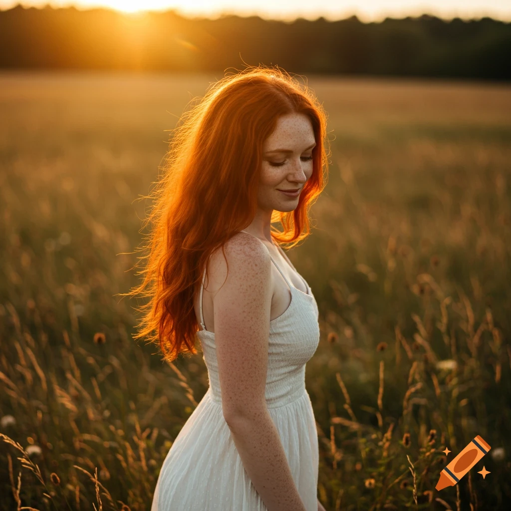 Redhead Woman Standing In A Field At Sunset Photorealistic On Craiyon