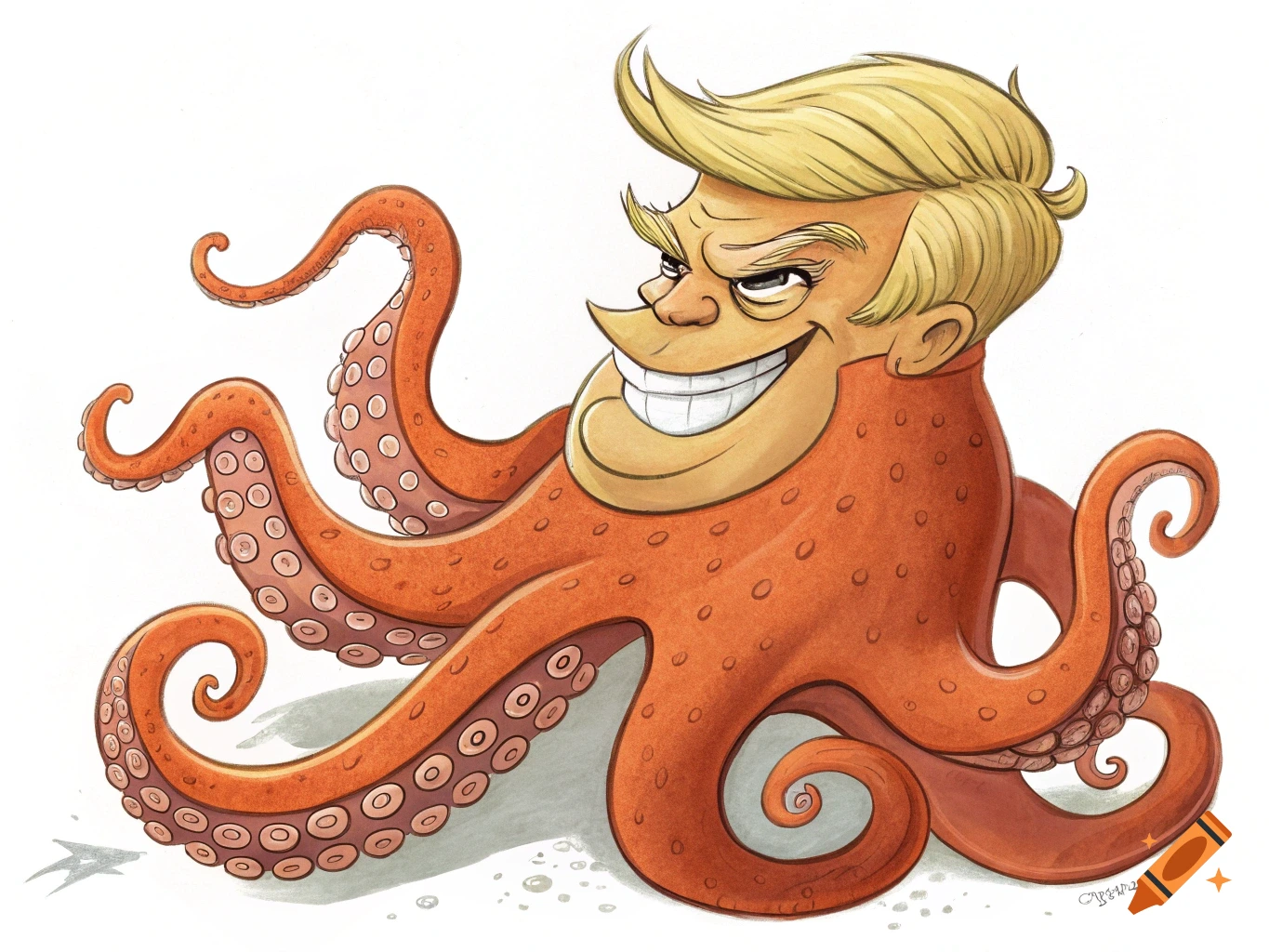 A cartoon caricature of an orange octopus with Donald Trump's face and ...