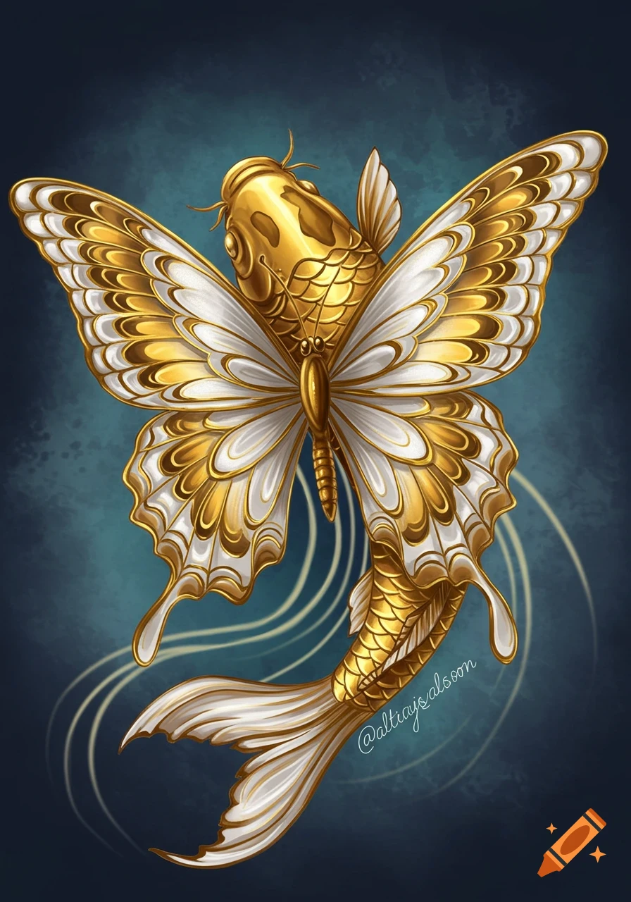 Illustration of a golden and white butterfly-koi fish hybrid. on Craiyon
