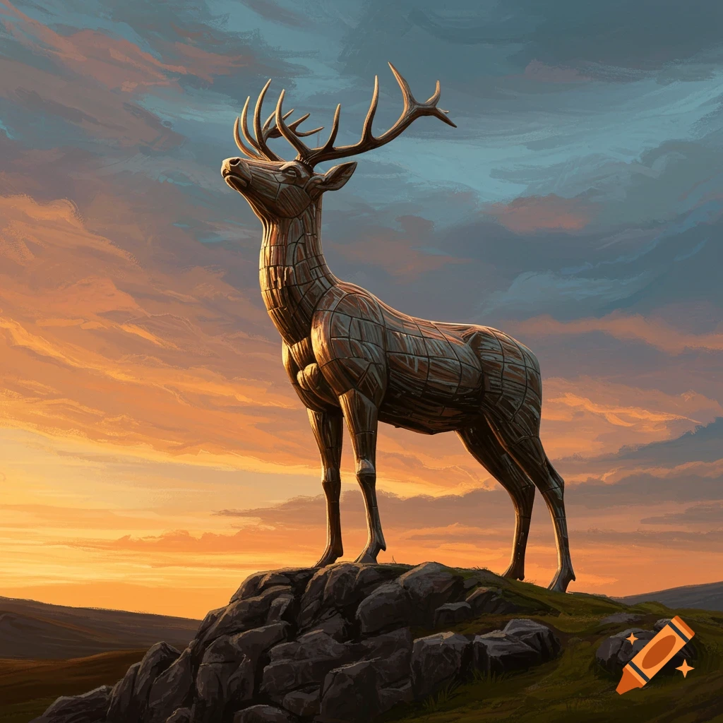 A segmented statue of a large stag stands on a rocky hill overlooking a ...