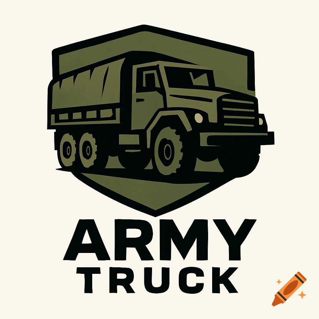 Stylized logo of an army truck within a shield with the text ARMY TRUCK ...