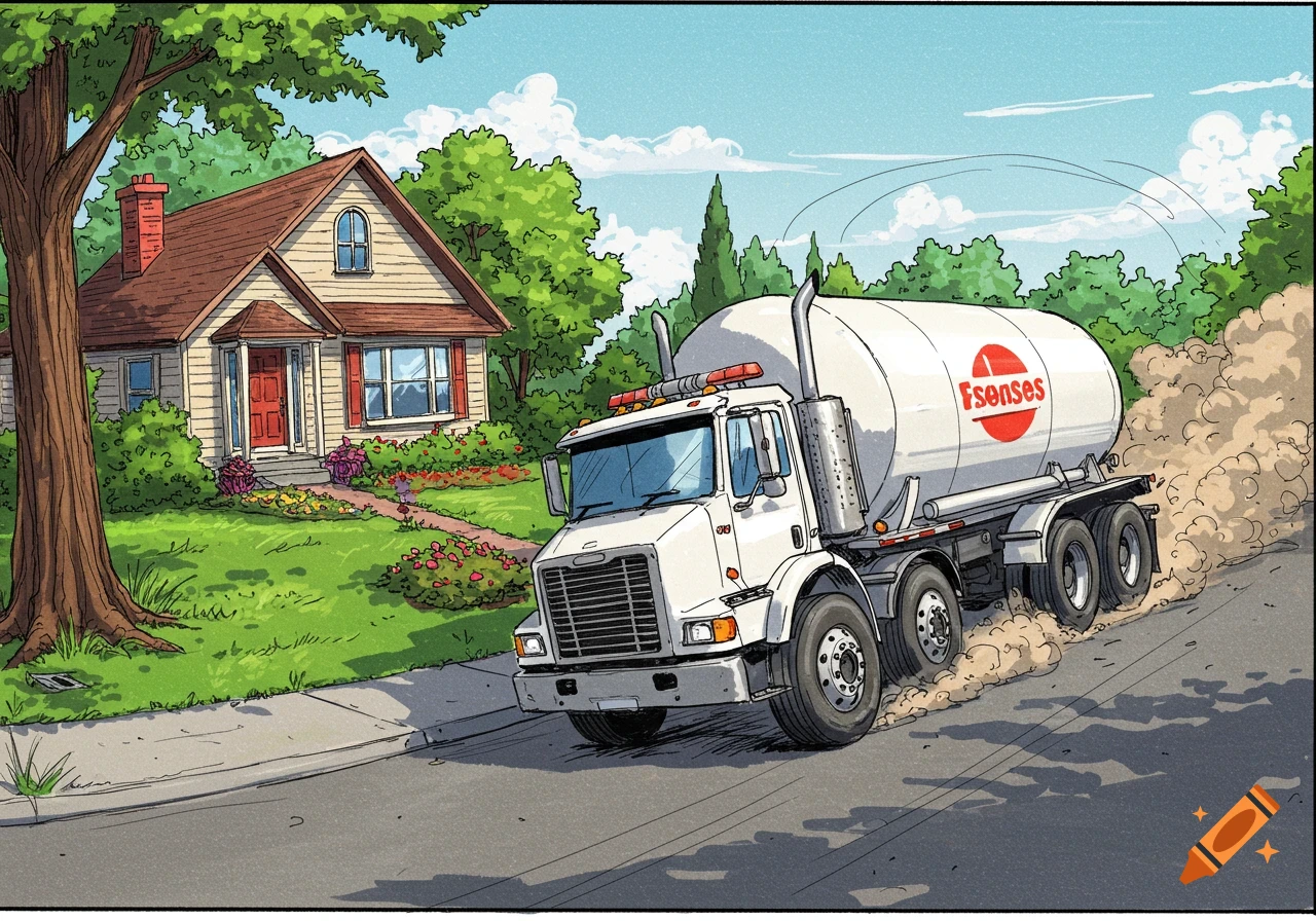 A drawing of a tanker truck swerving on a road past a house. on Craiyon