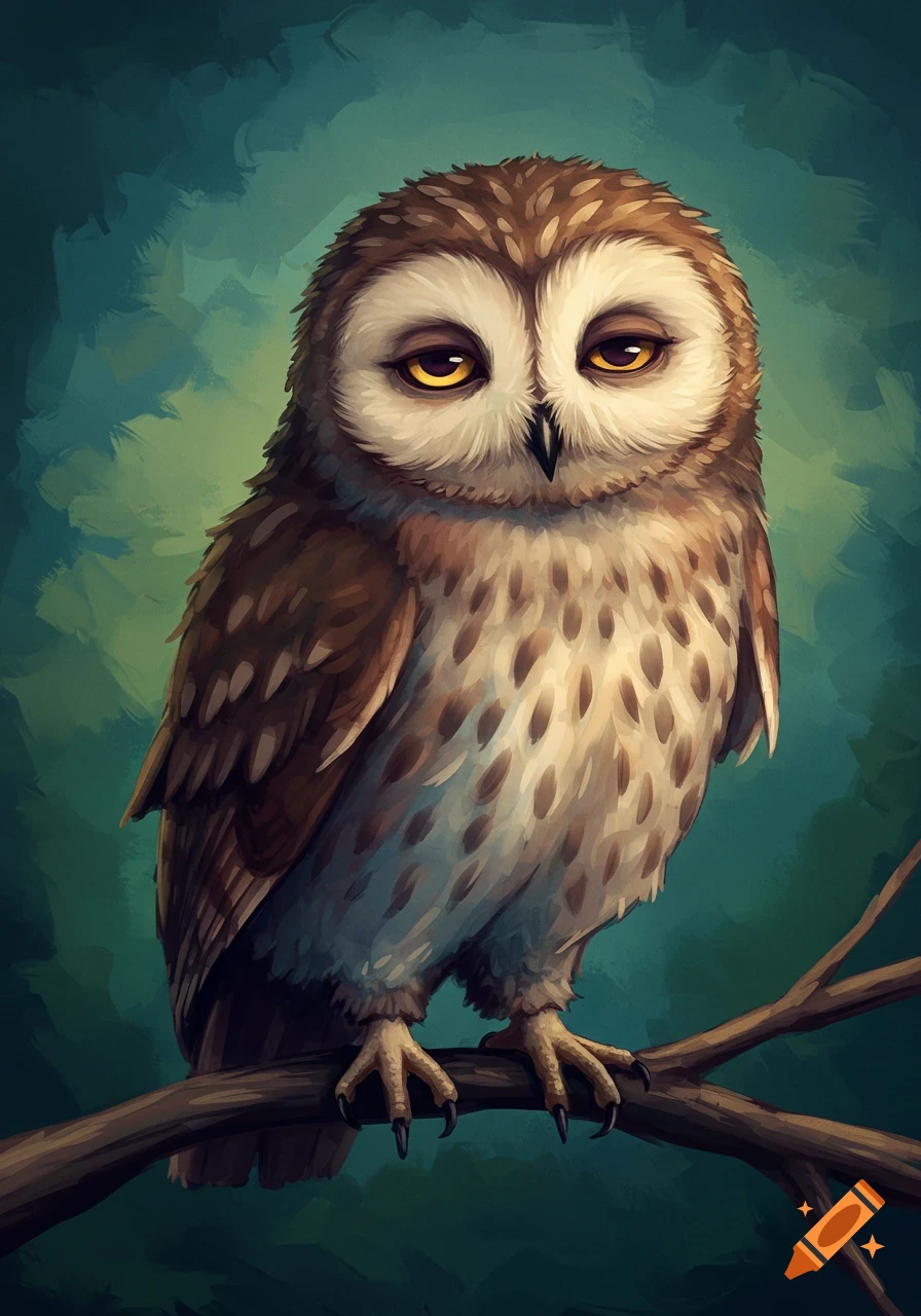 An illustration of an owl with droopy eyes perched on a branch against ...