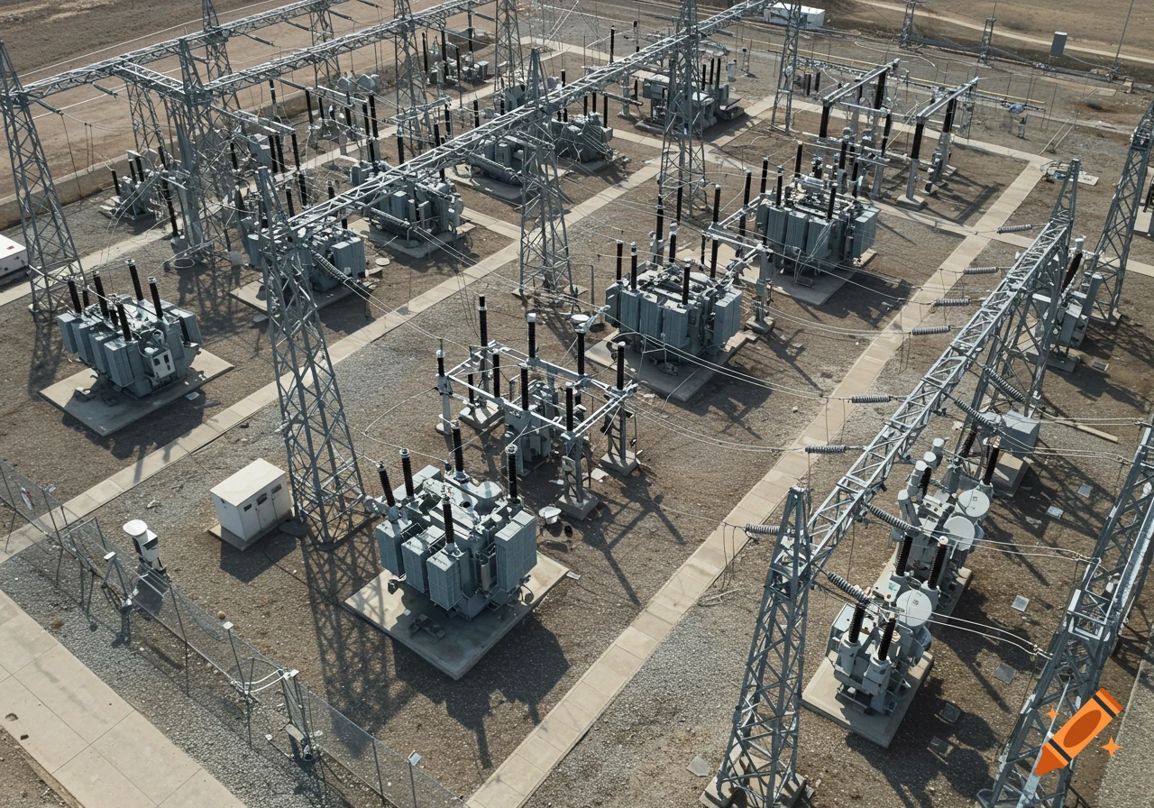 Aerial view of a large high voltage power substation with transformers ...