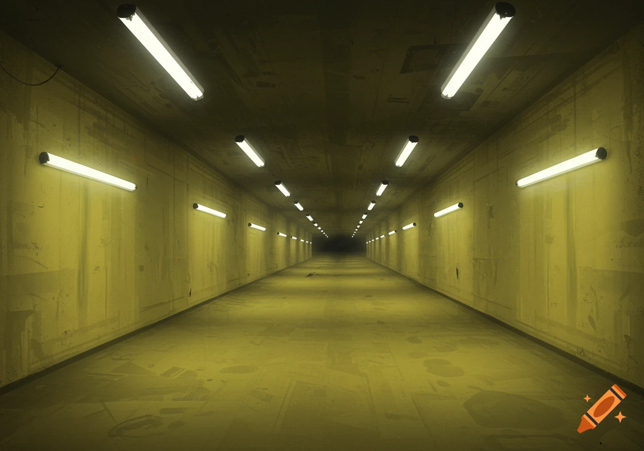 An empty, long yellow corridor with fluorescent lights, stretching into ...