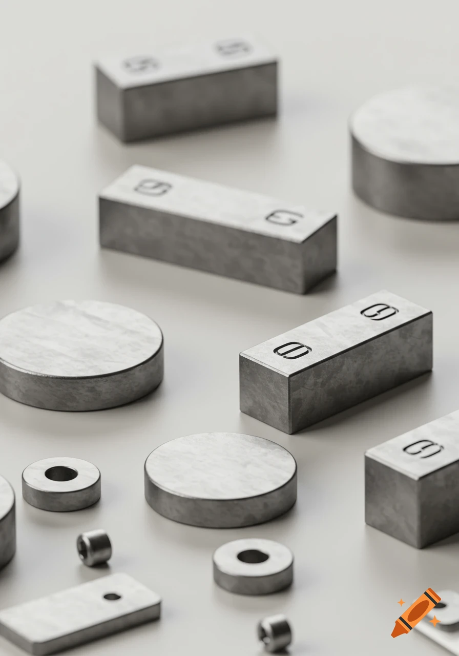 Arrangement of metal magnets or blocks and cylinders on a surface, some ...