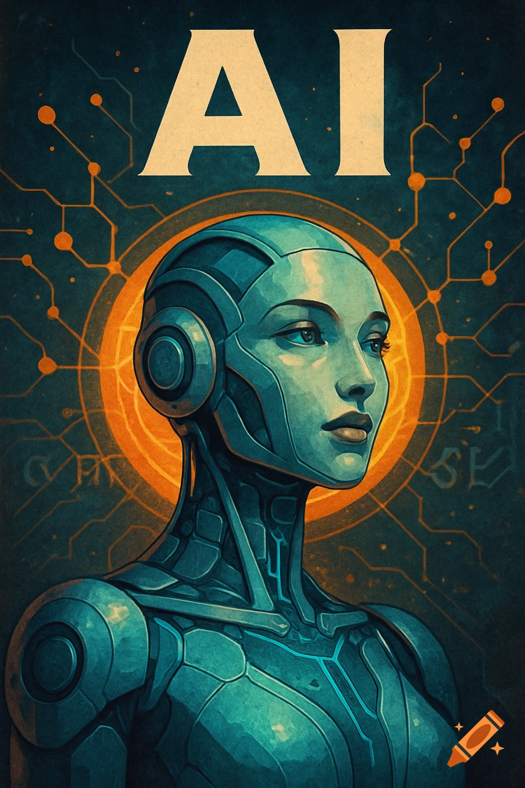 Poster art of a female cyborg head with circuits and the text AI on Craiyon