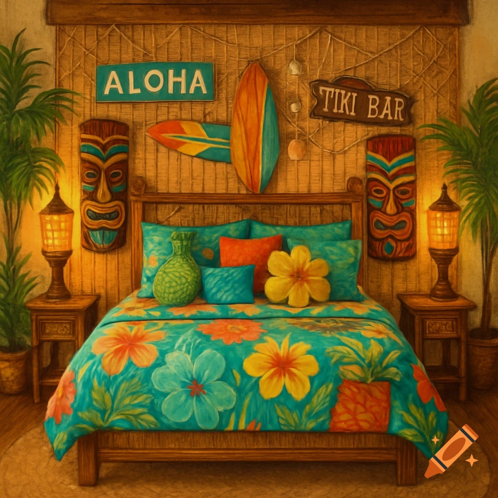 A colorful bedroom decorated in a tropical tiki style with a bed, tiki ...