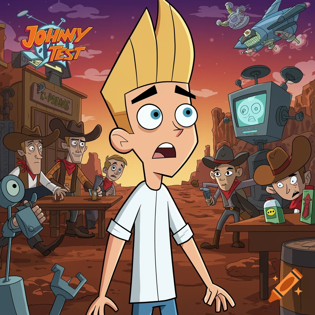 Johnny Test looks shocked in a Western town square with other ...