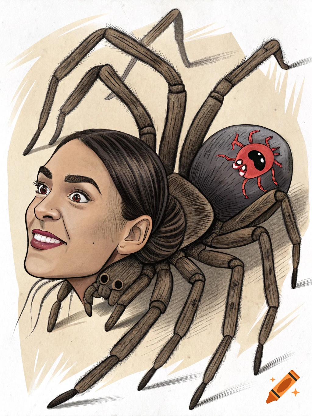 Illustration of AOC's face on a spider body with a red tick. on Craiyon