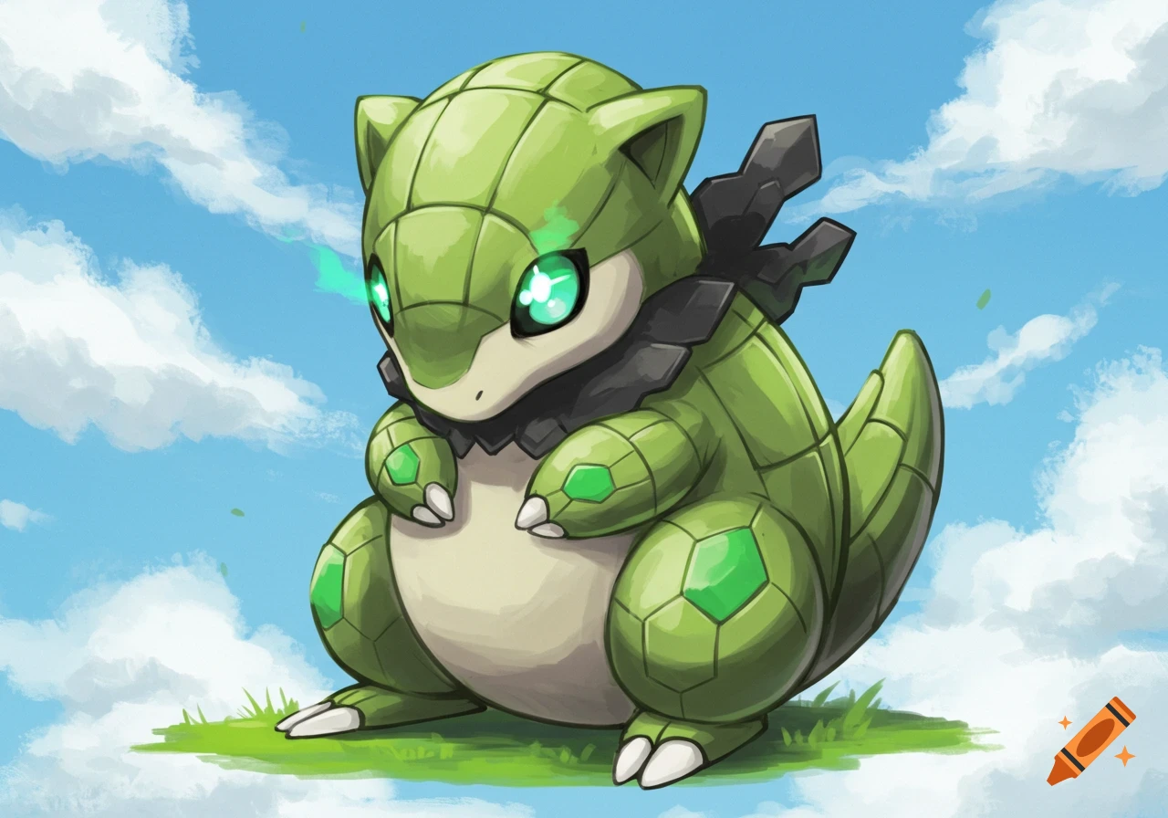 A green armored creature resembling a Pokemon stands on grass under a ...