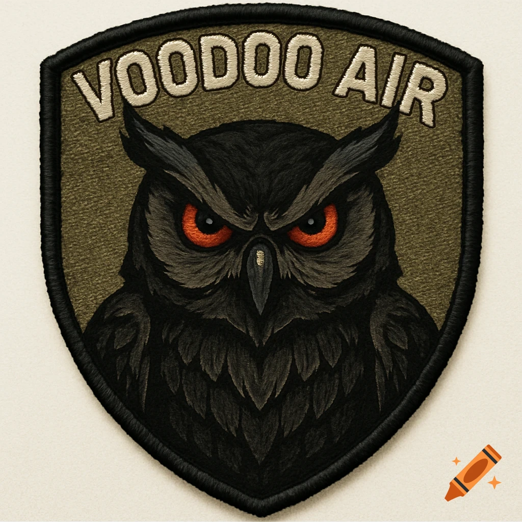 Military patch featuring a black owl with red eyes and the text VooDoo ...