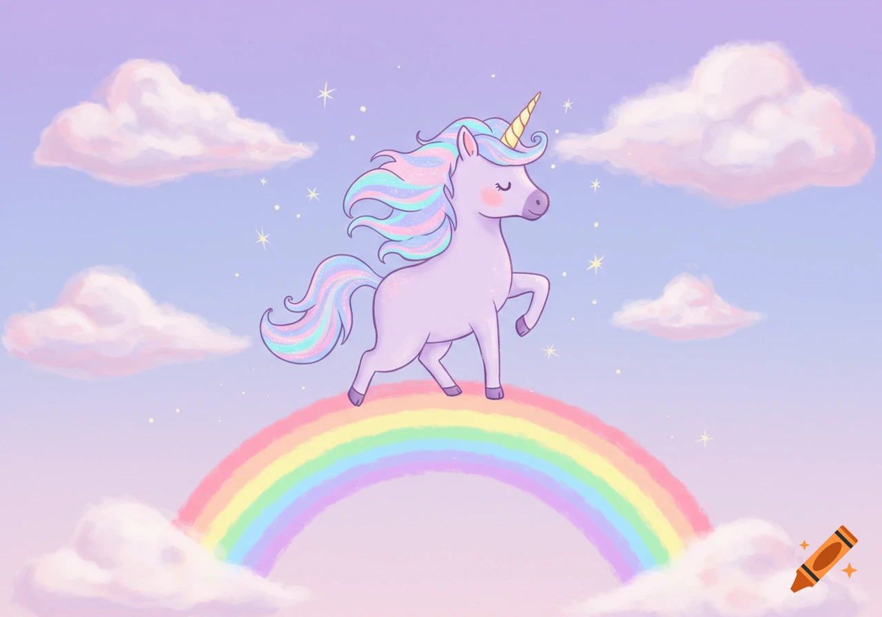 Cute cartoon unicorn stands on a rainbow in a pastel sky with clouds and stars. on Craiyon