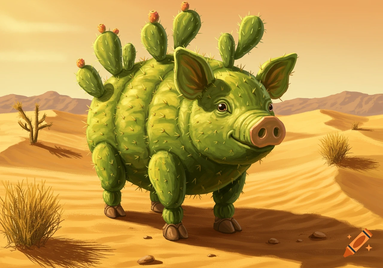 A cartoon pig made of cactus in a desert. on Craiyon