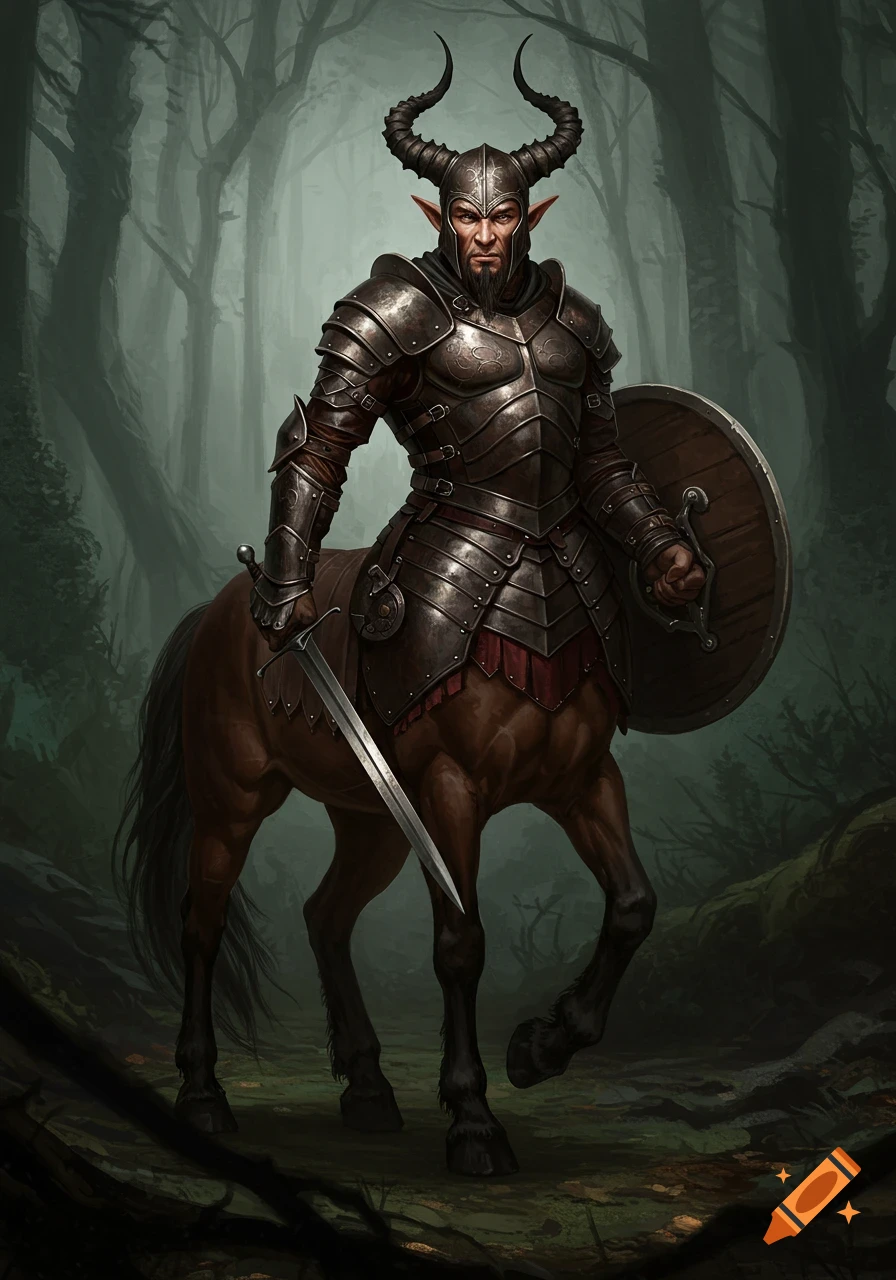 A centaur warrior in full armor holding a sword and shield stands in a ...