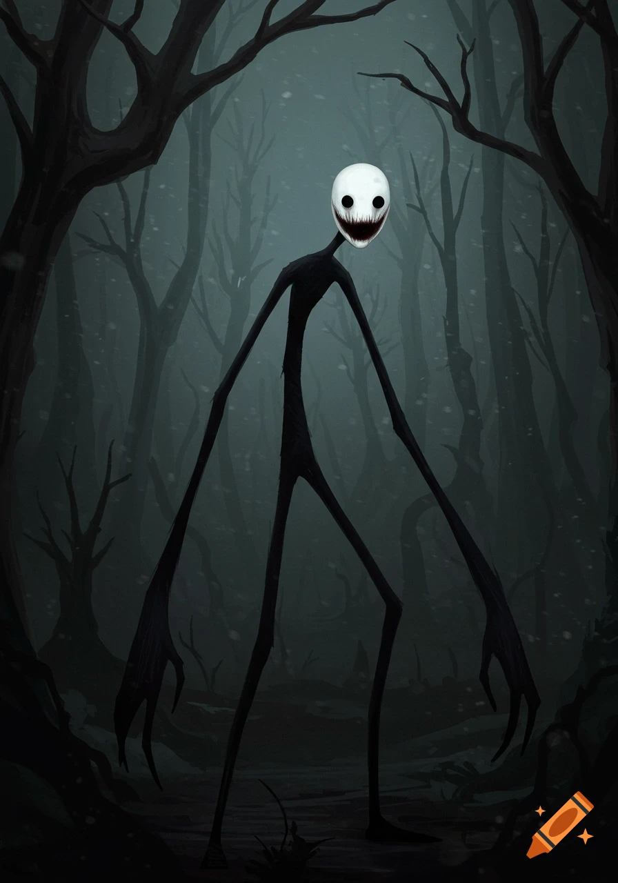 A tall, slender figure with a white mask and wide grin stands in a dark ...