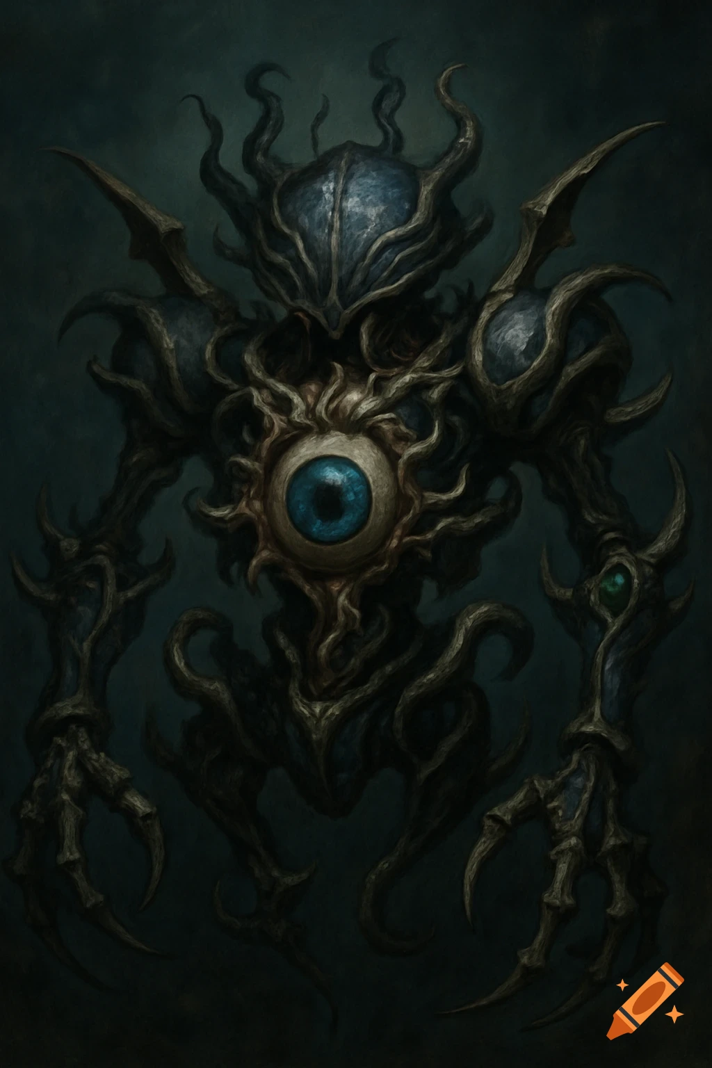 A dark fantasy painting of a monstrous figure with a large blue eye in ...