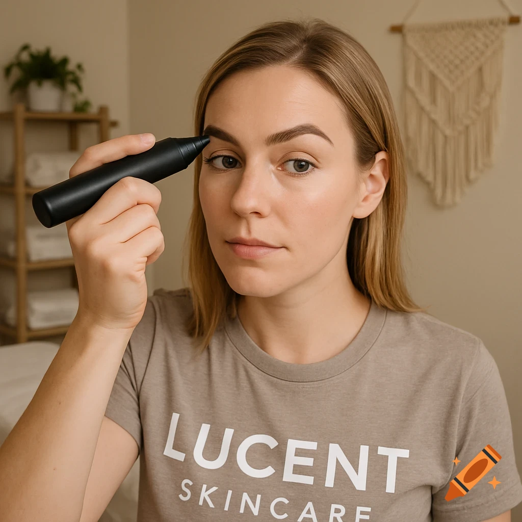 A woman uses a large black marker to touch up her eyebrow. She wears a ...