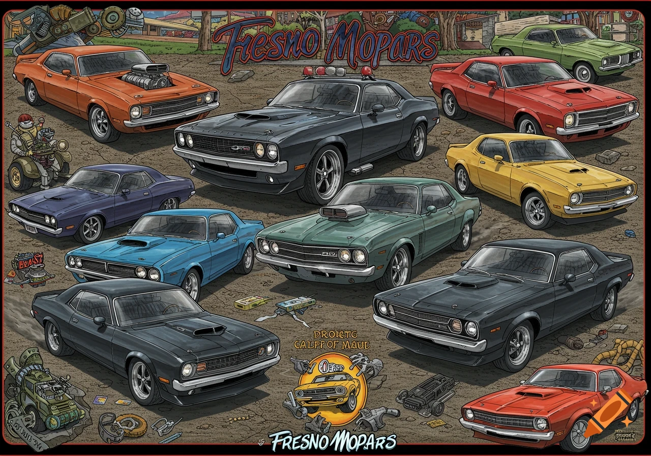 Cartoon illustration of multiple vintage Mopar cars, including ...