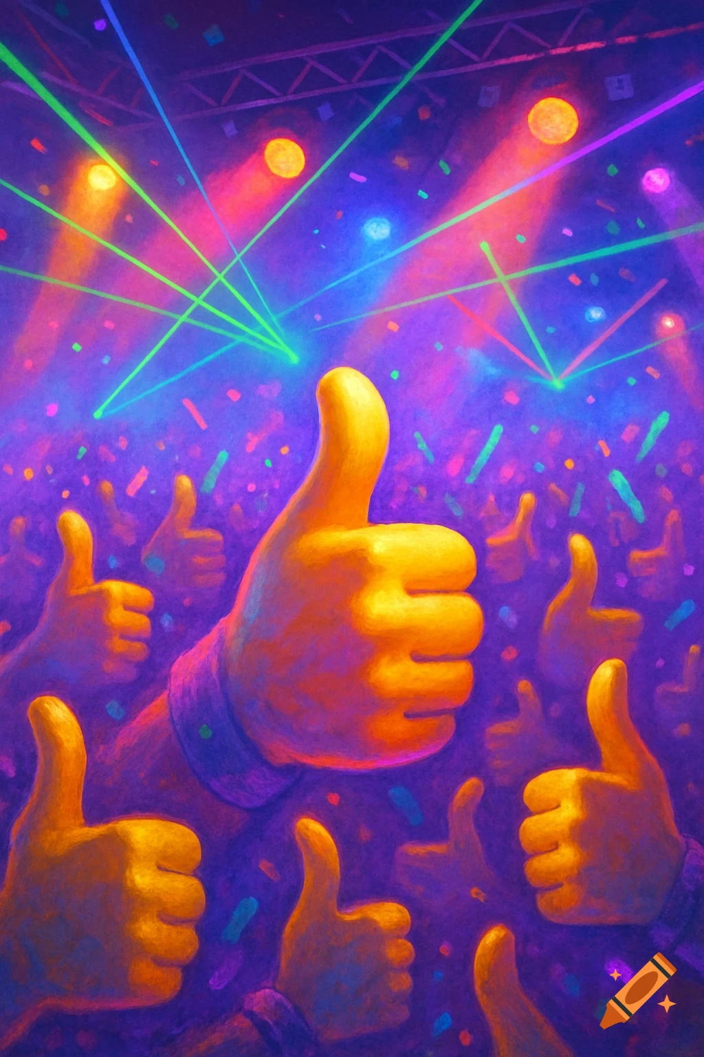 Thumbs up hands at a rave with colorful lights and confetti. on Craiyon