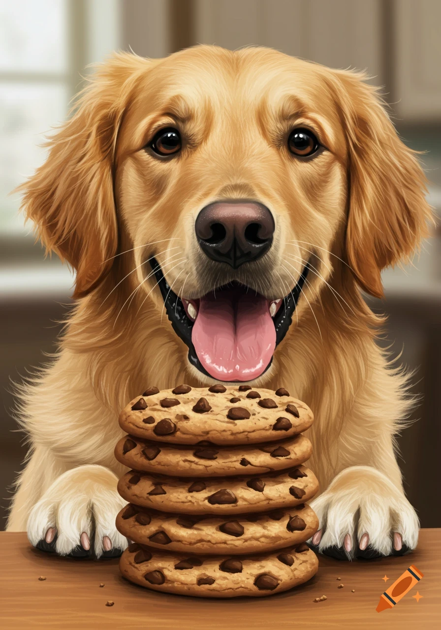 A golden retriever dog looks eagerly at a tall stack of chocolate chip ...