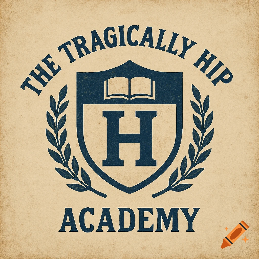 Old-looking logo with shield emblem and text 'The Tragically Hip Academy'. on Craiyon