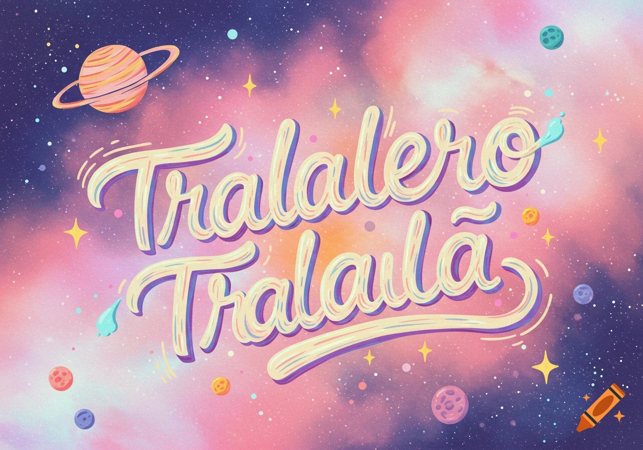 Stylized text 'Tralalero Tralala' in a colorful space scene with stars and planets. on Craiyon