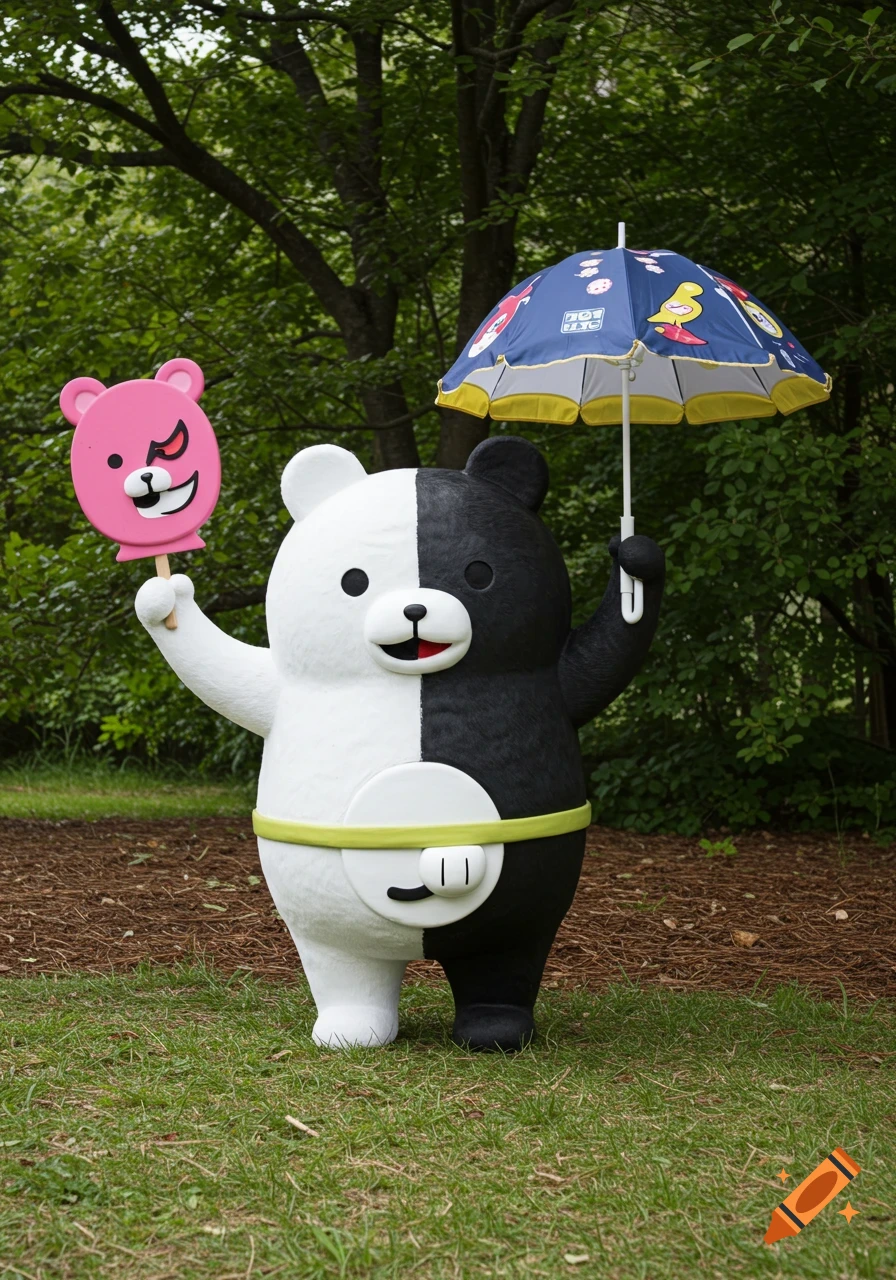 Statue of Monokuma holding a pink paddle and an umbrella outdoors. on ...