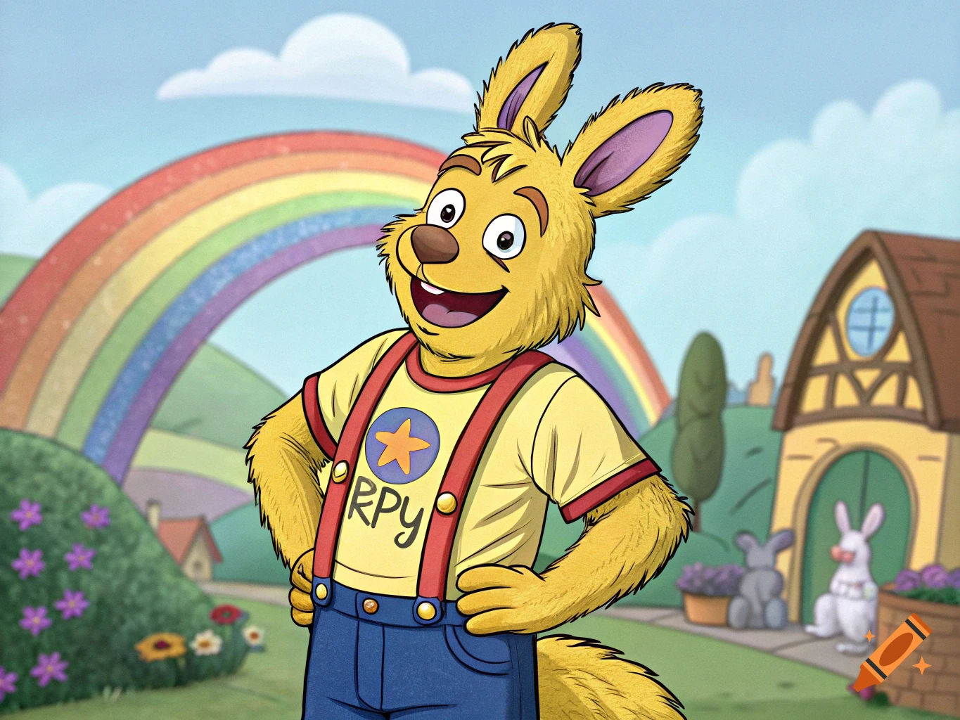 Cartoon of a yellow furry character wearing suspenders in a landscape ...