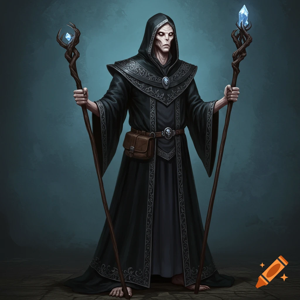 A gaunt, robed fantasy creature holds two staves topped with blue ...