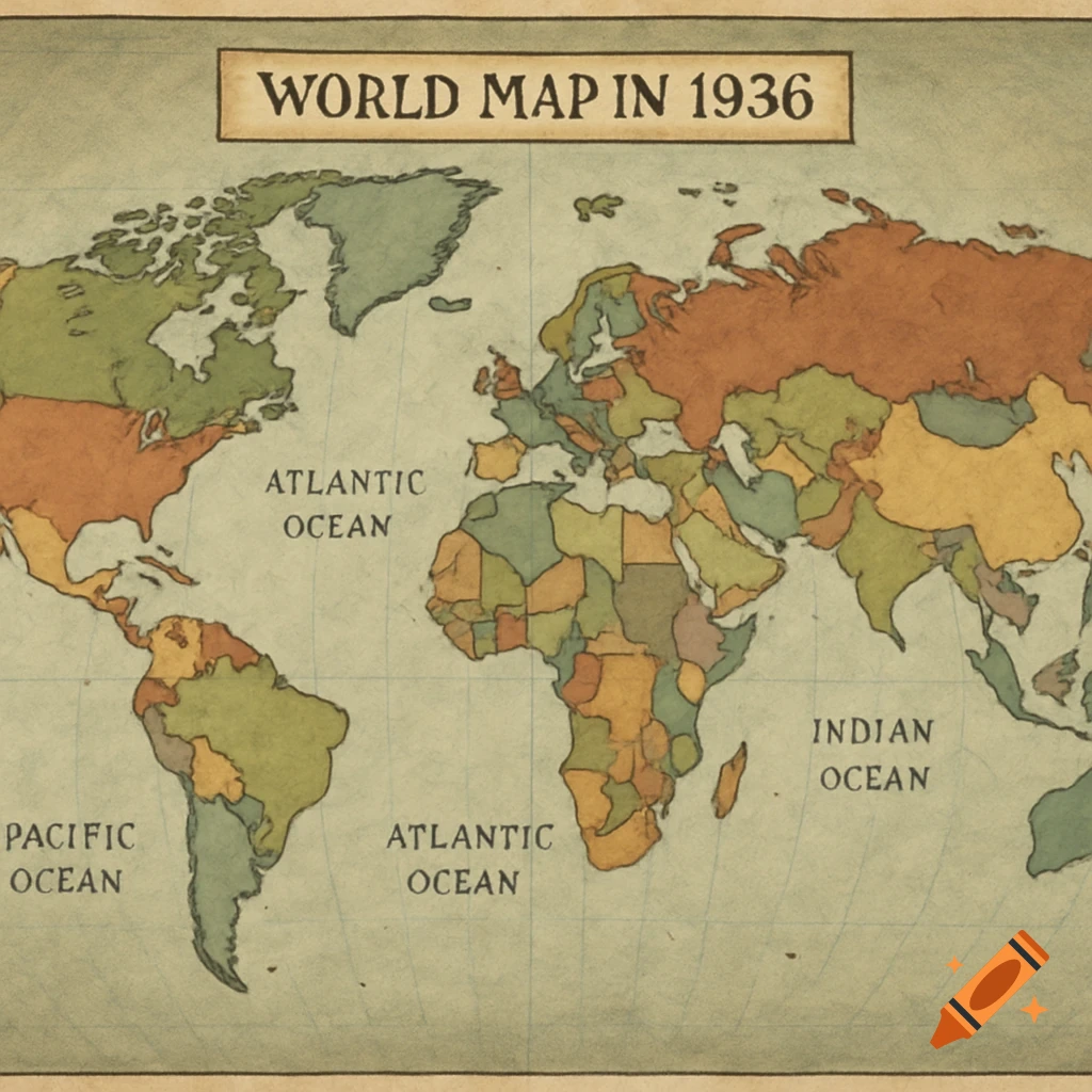 A vintage style drawing of a world map from 1936 with labeled oceans ...