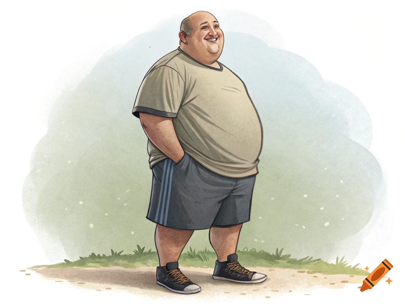 An illustration of a smiling overweight man standing with hands in ...